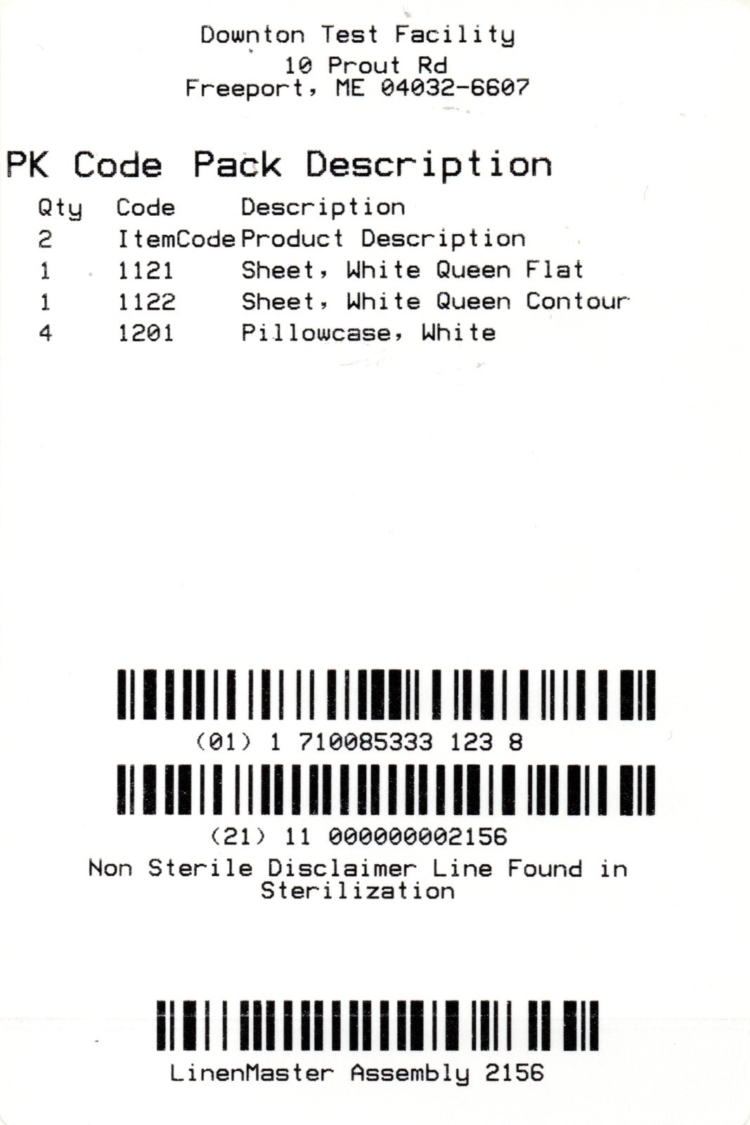 LinenMaster - Assembly Label Examples