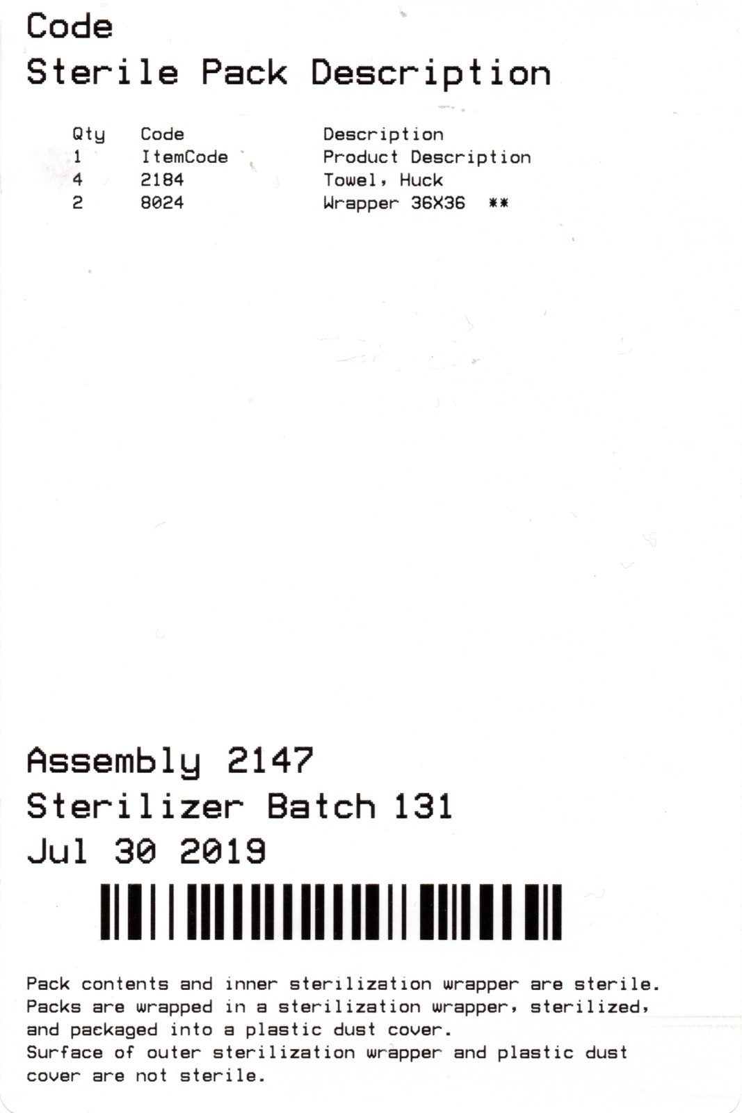 LinenMaster - Assembly Label Examples