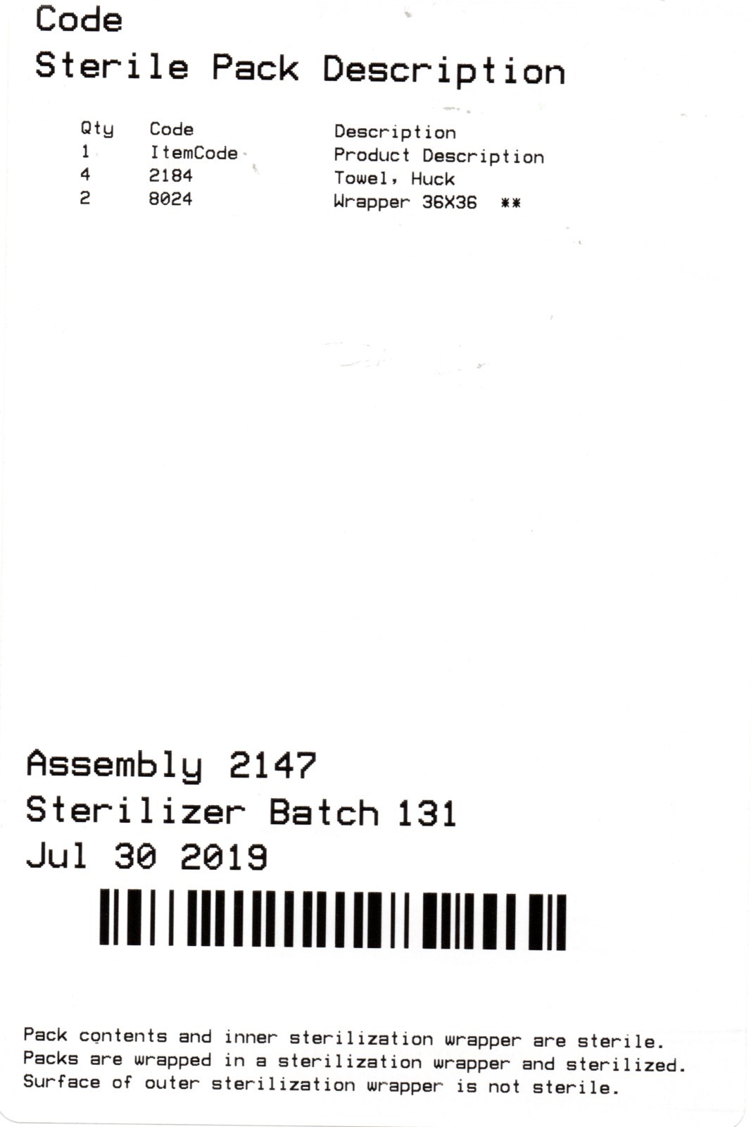 LinenMaster - Assembly Label Examples
