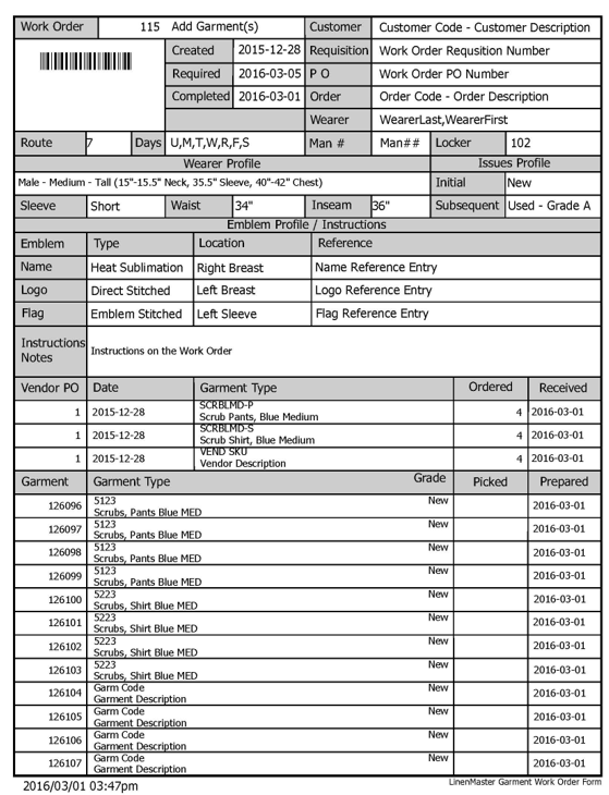 Garment Work Order Examples