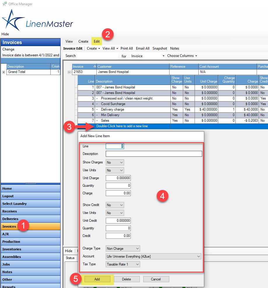 LinenMaster - Adding one time charge to Invoice